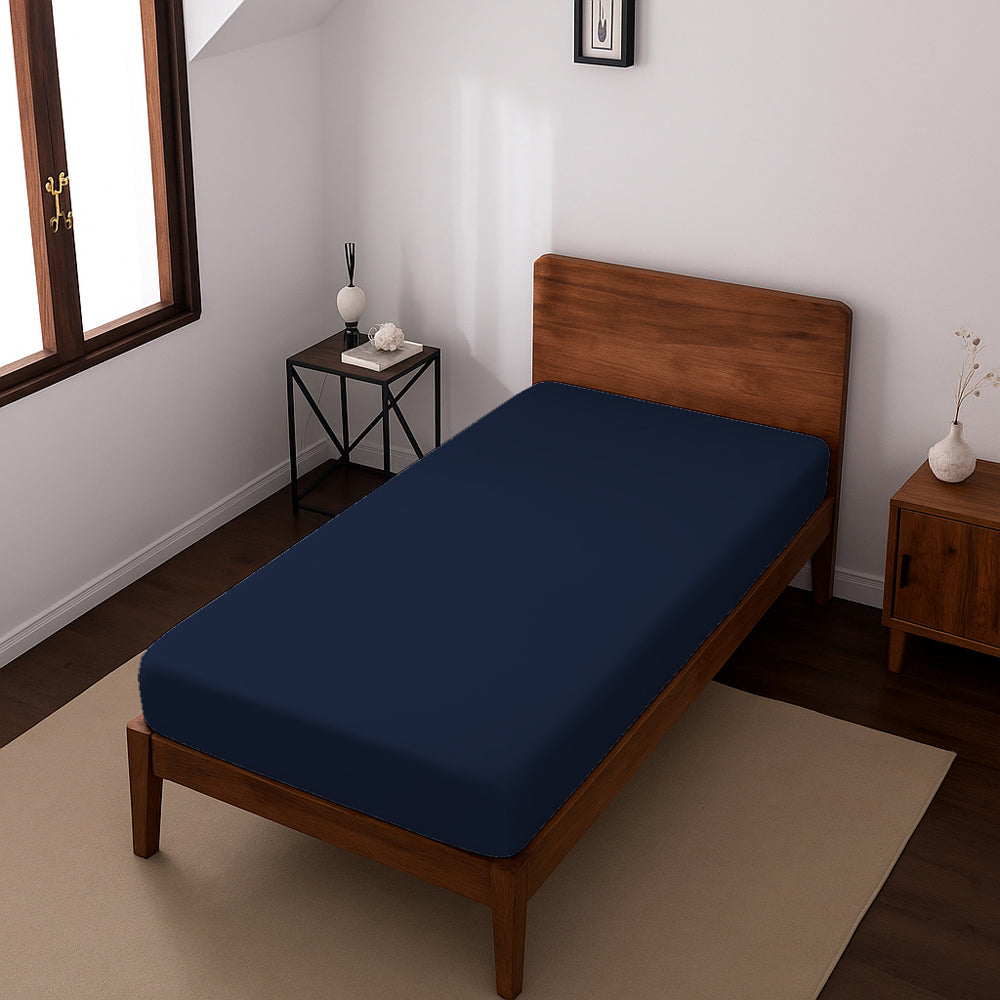 Casey Cotton Navy Fitted Sheet | King Single Bed 50cm | My Linen