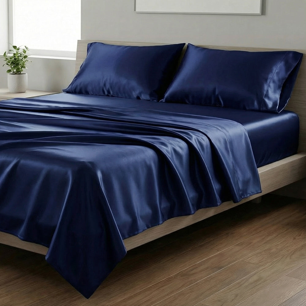 Satin Navy Sheet Set by Mia Grace | Double Bed | My Linen